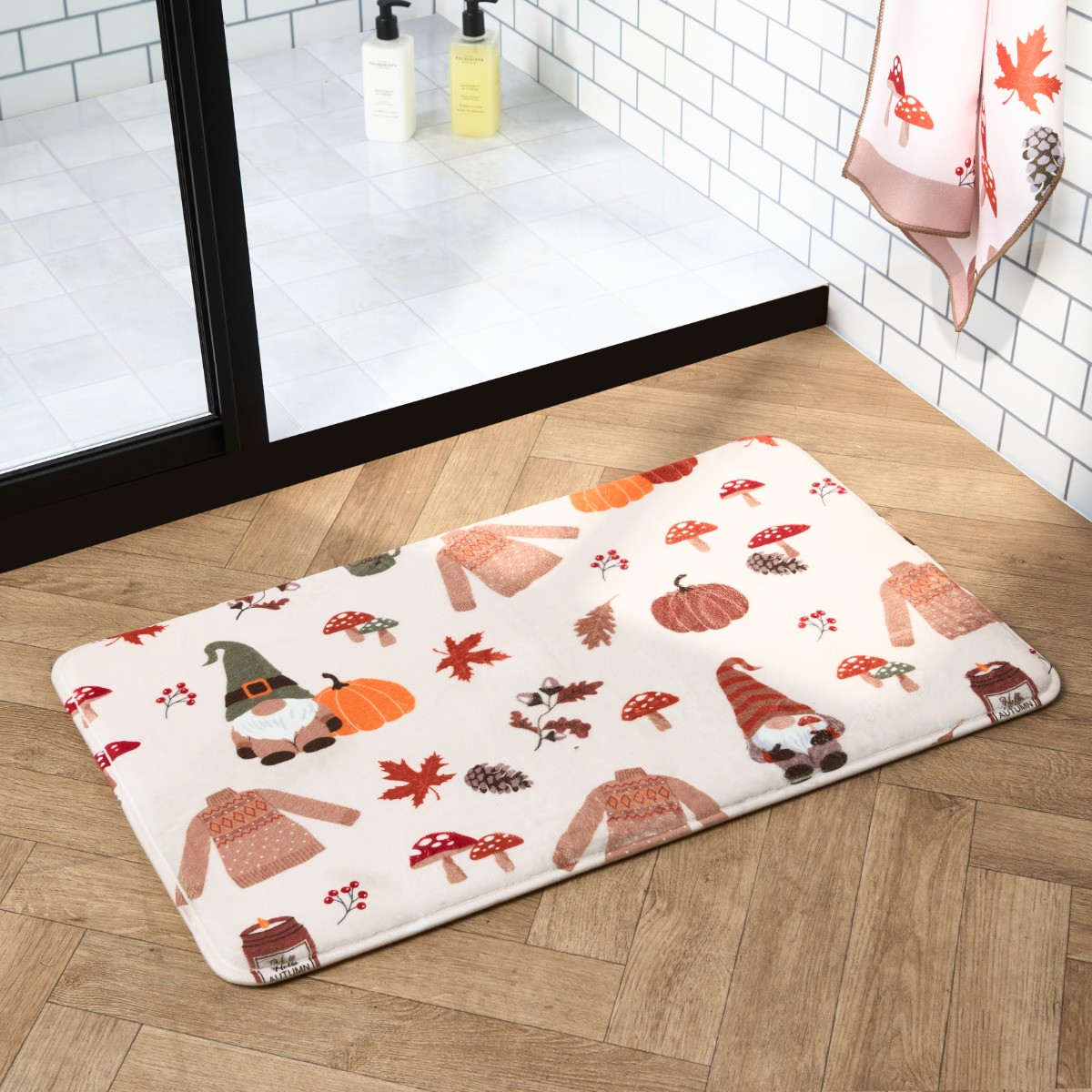 OHS Autumnal Gonk Print Foam Bath Mat - Natural