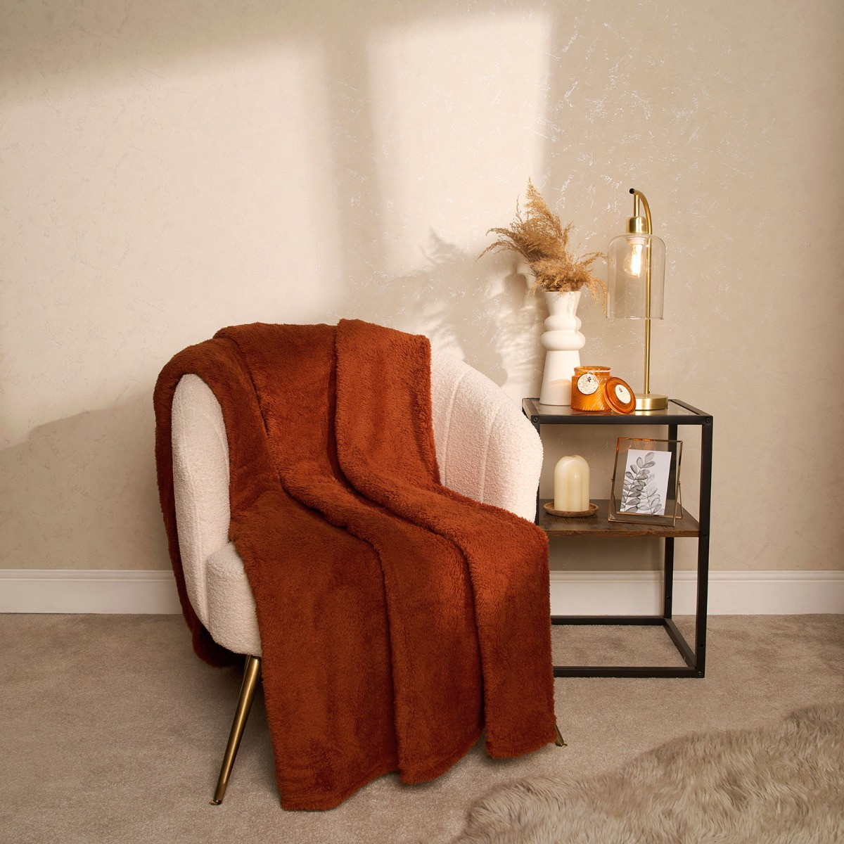 OHS Teddy Fleece Throw, Rust - 200 x 240cm