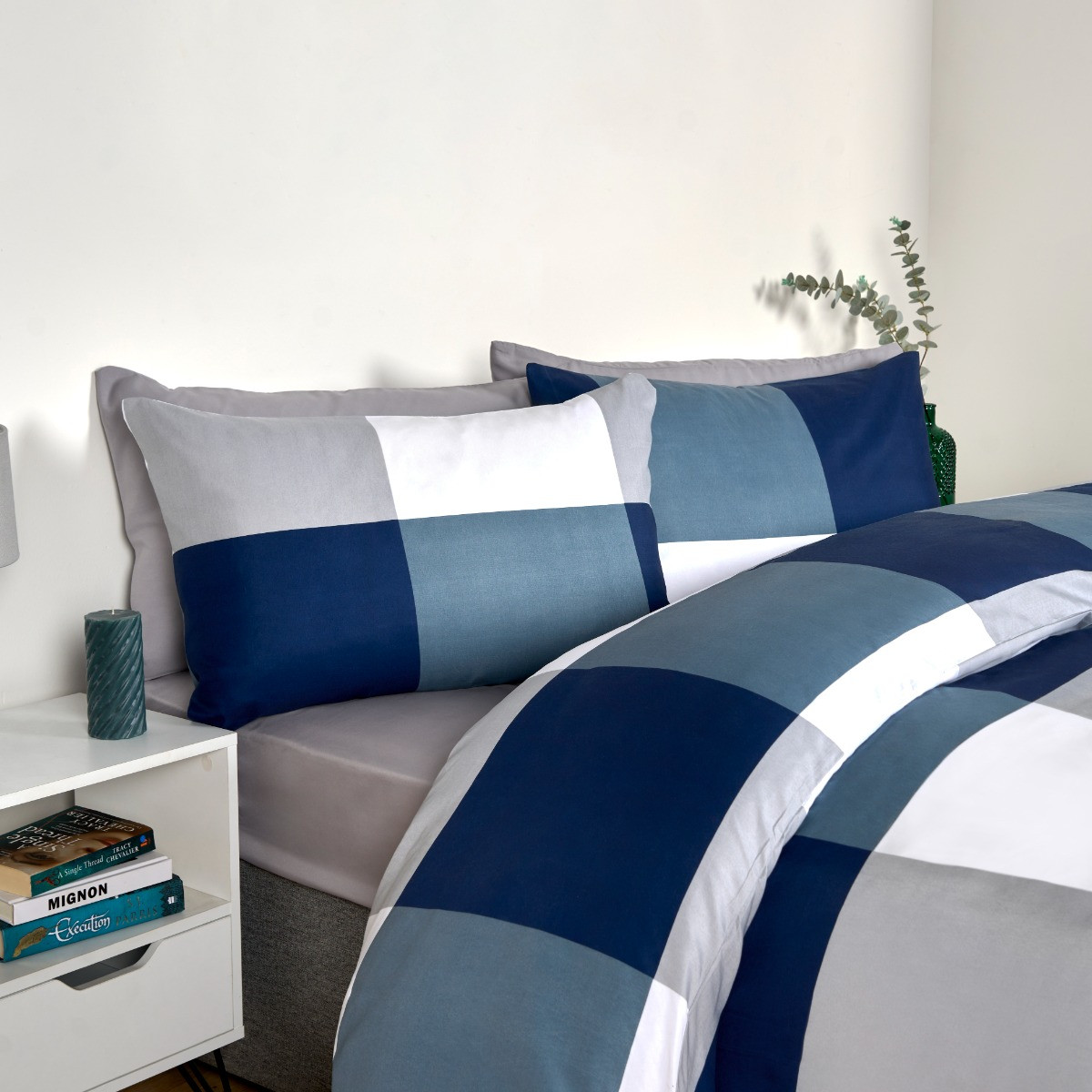 OHS Gingham Block Check Duvet Cover Set - Navy
