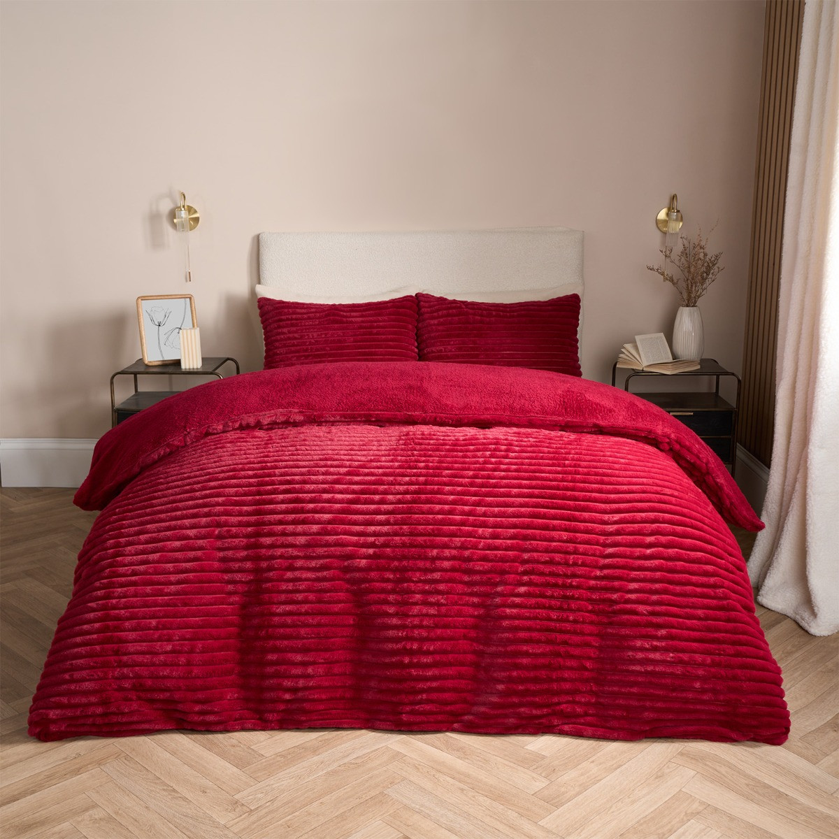 OHS Ribbed Faux Fur Duvet Set, Red - Double
