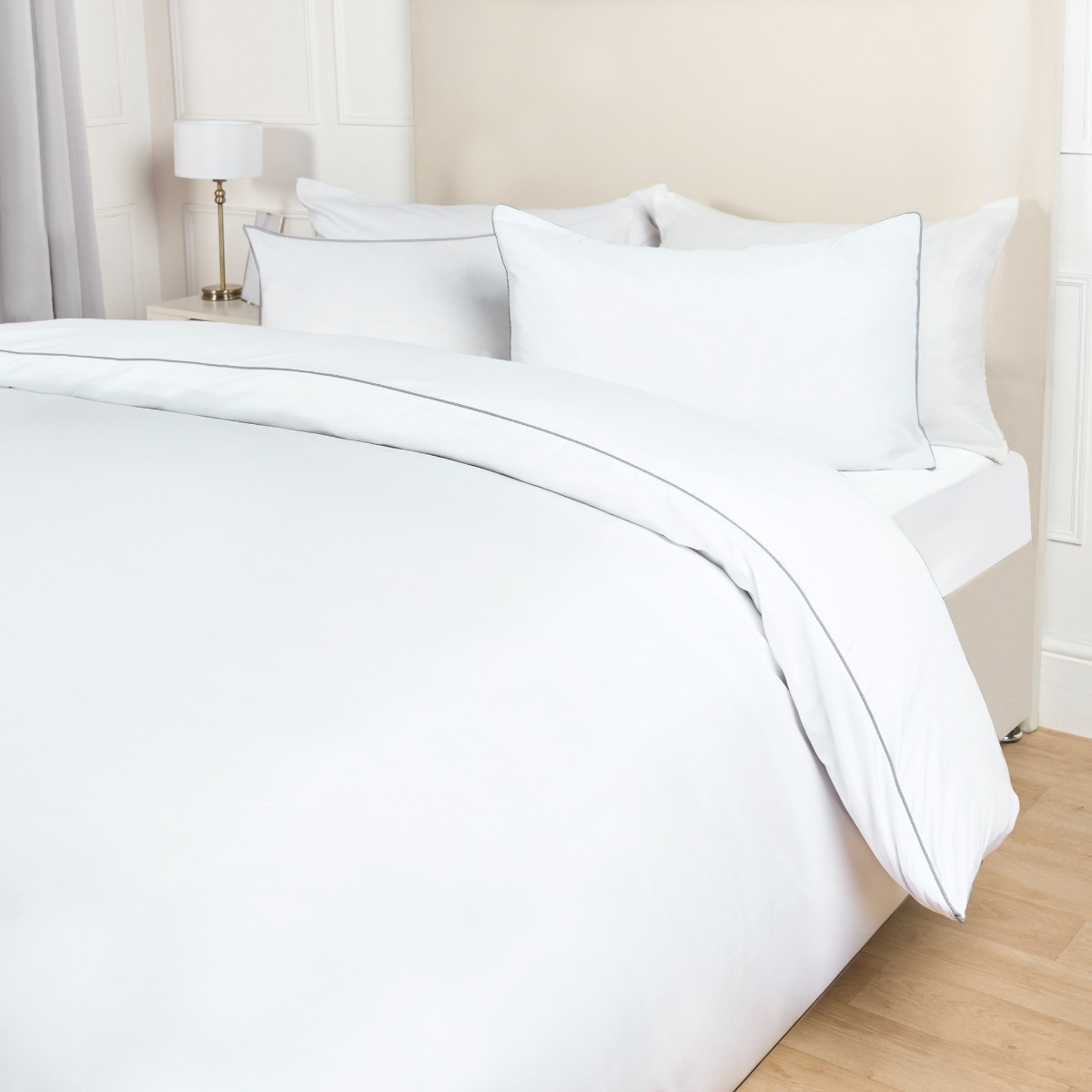 OHS Piped Edge Duvet Cover Set, White/Charcoal - Single