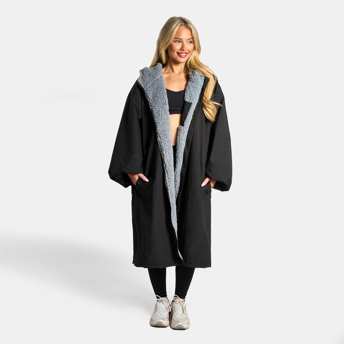 OHS Adults Water Resistant Sherpa Drying Robe, Black - L/XL