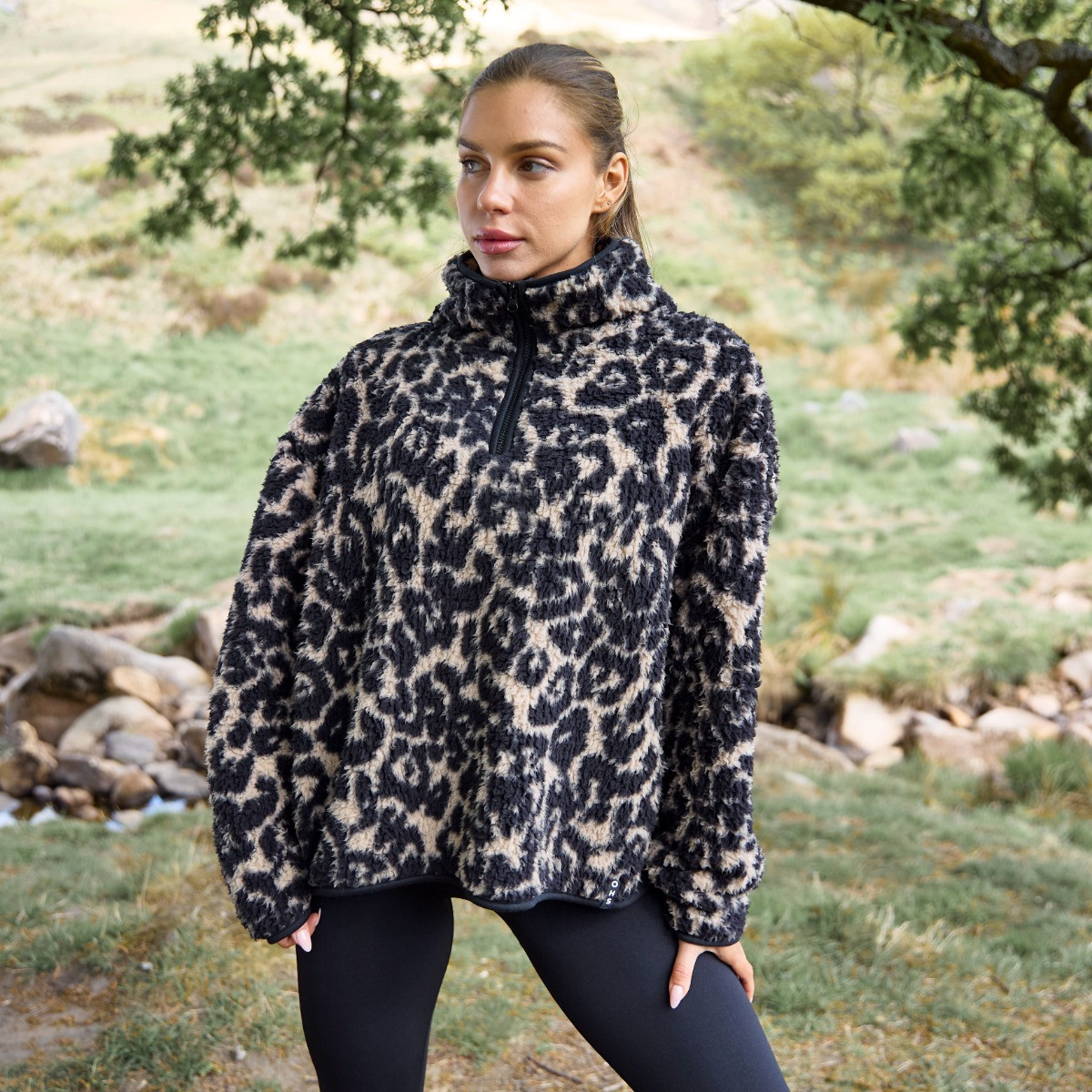 OHS Teddy Leopard Print Half Zip Fleece - Natural
