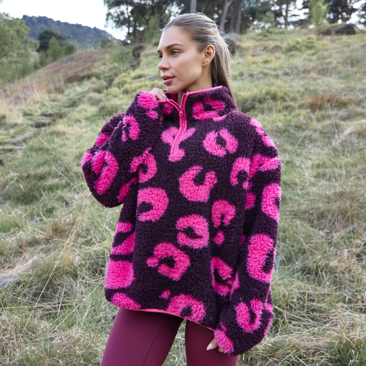 OHS Teddy Abstract Leopard Print Half Zip Fleece, Burgundy/ Pink ...