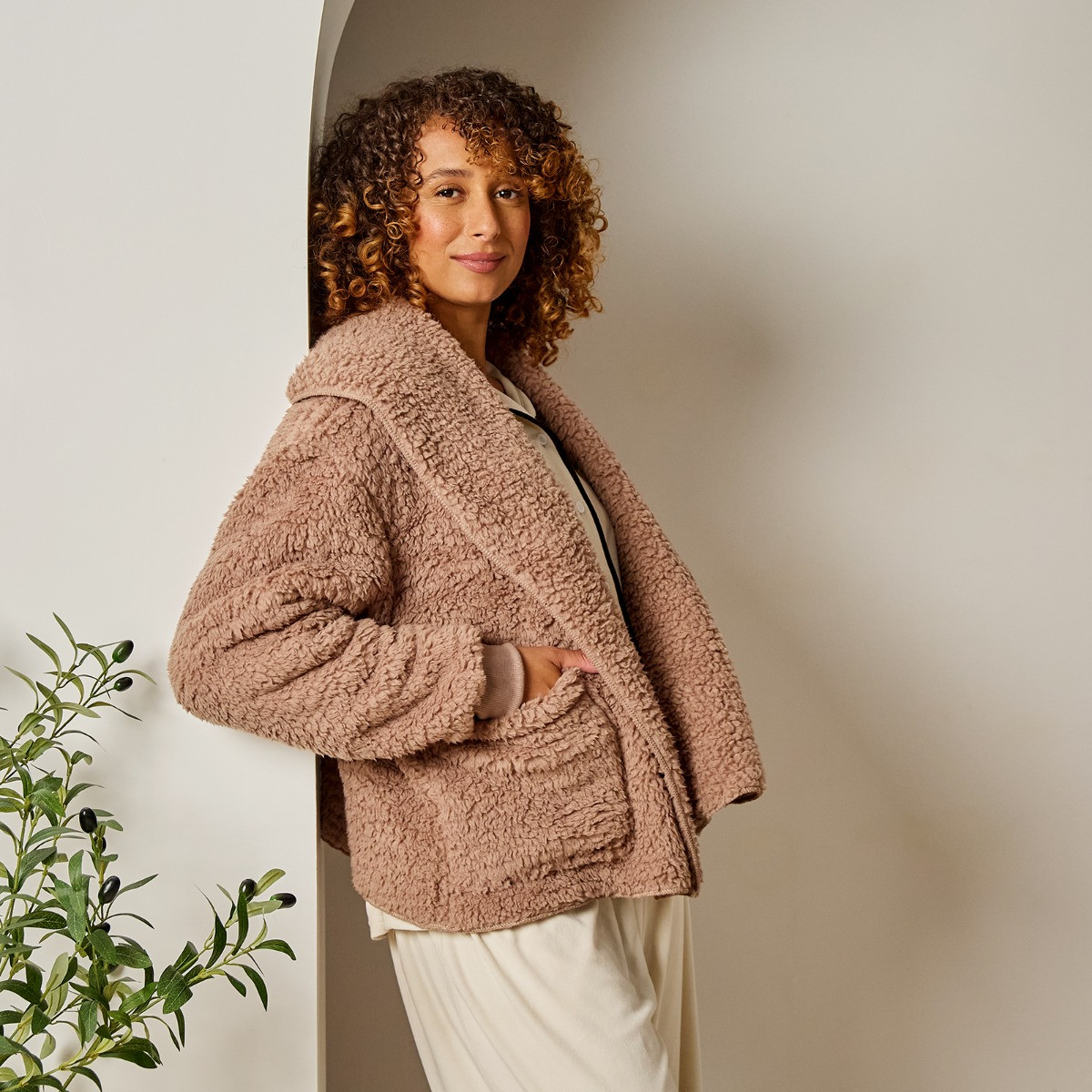 OHS Waterfall Teddy Fleece Shorter Length Cardigan, Mink - Large/ Extra ...