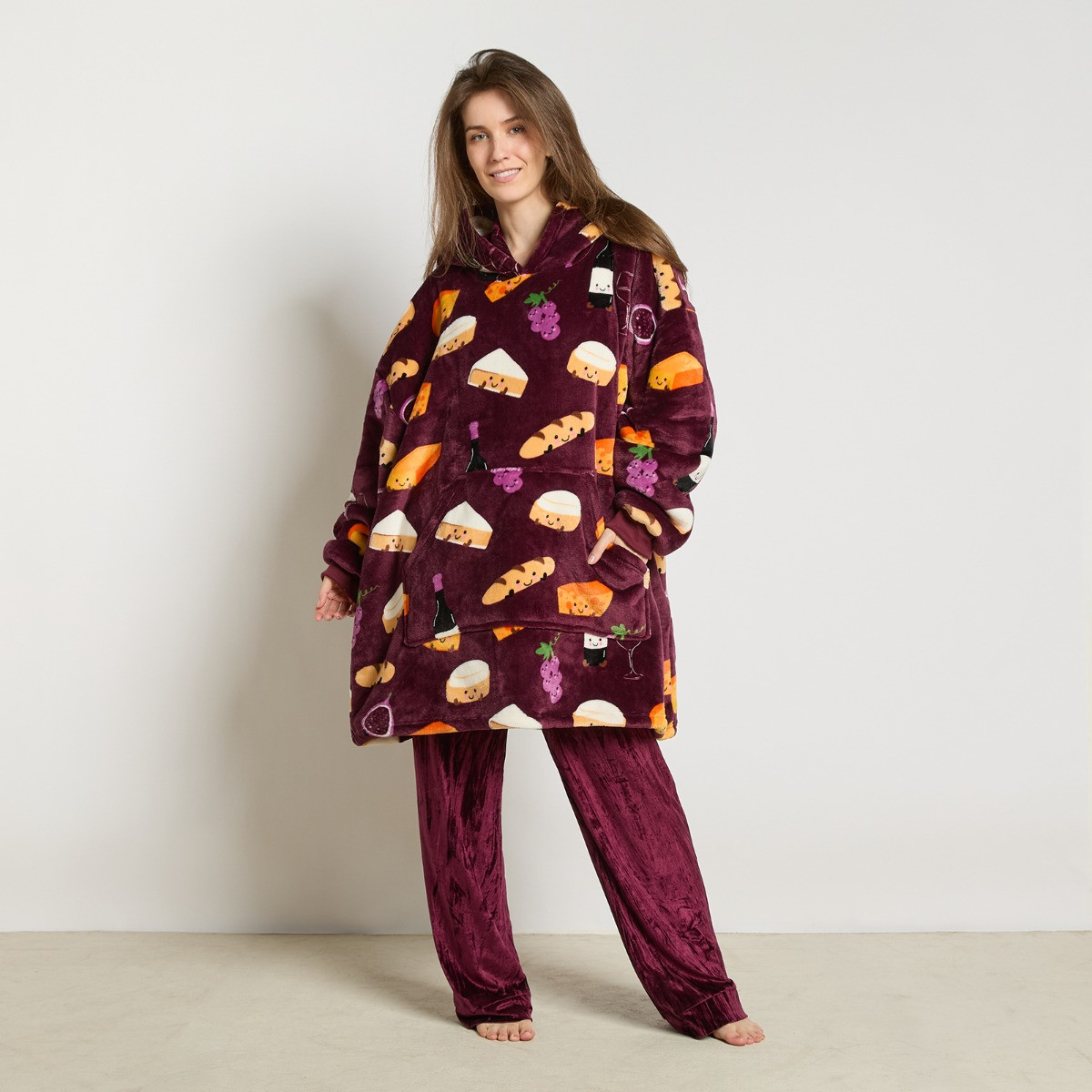 OHS Cheese & Wine Print Hoodie Blanket - Burgundy