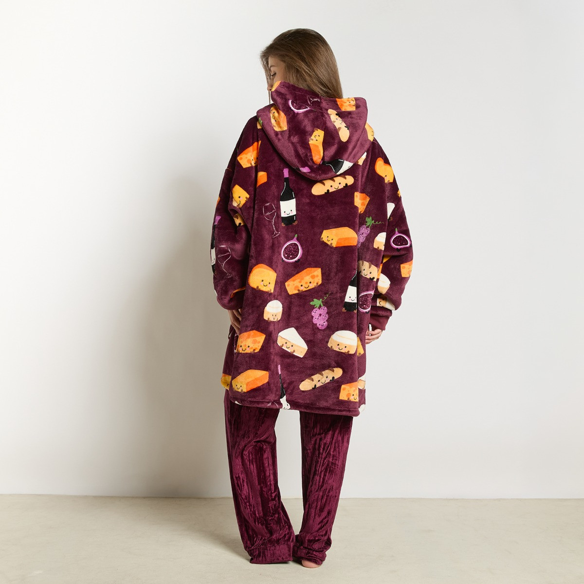 OHS Cheese & Wine Print Hoodie Blanket - Burgundy