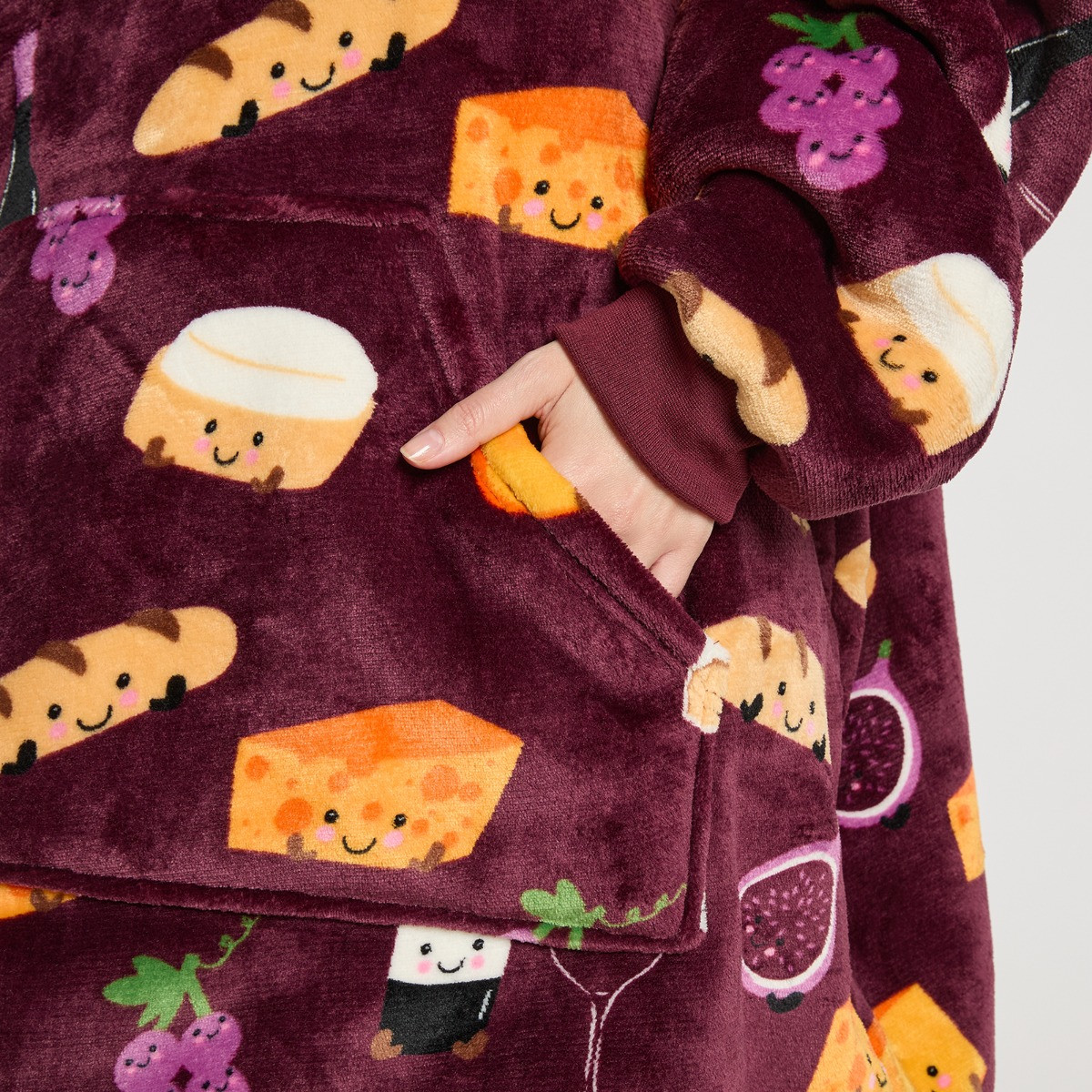 OHS Cheese & Wine Print Hoodie Blanket - Burgundy