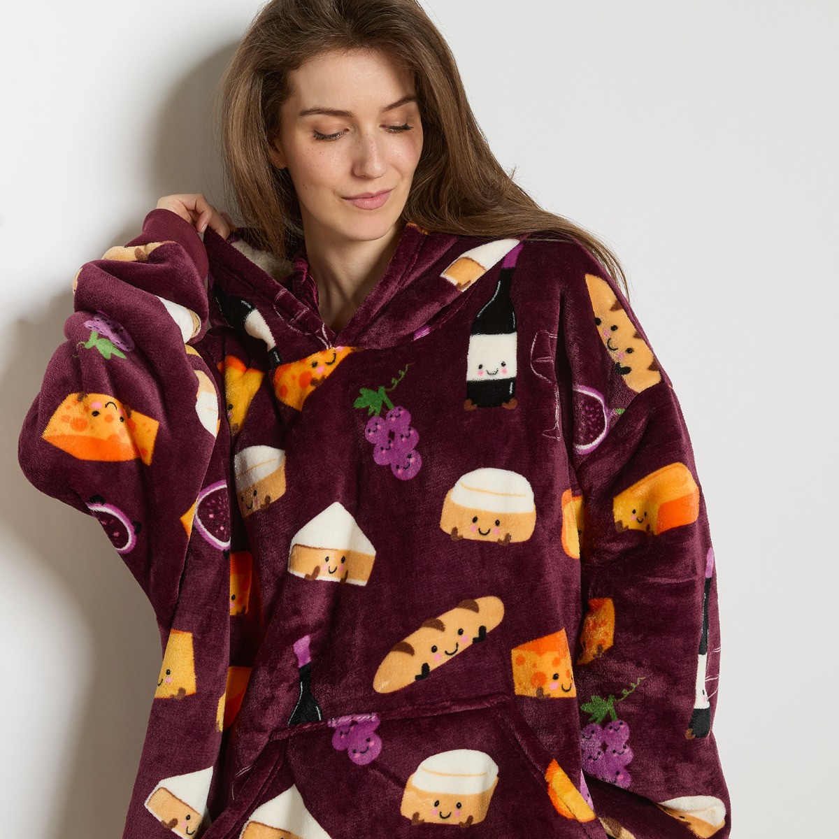 OHS Cheese & Wine Print Hoodie Blanket - Burgundy
