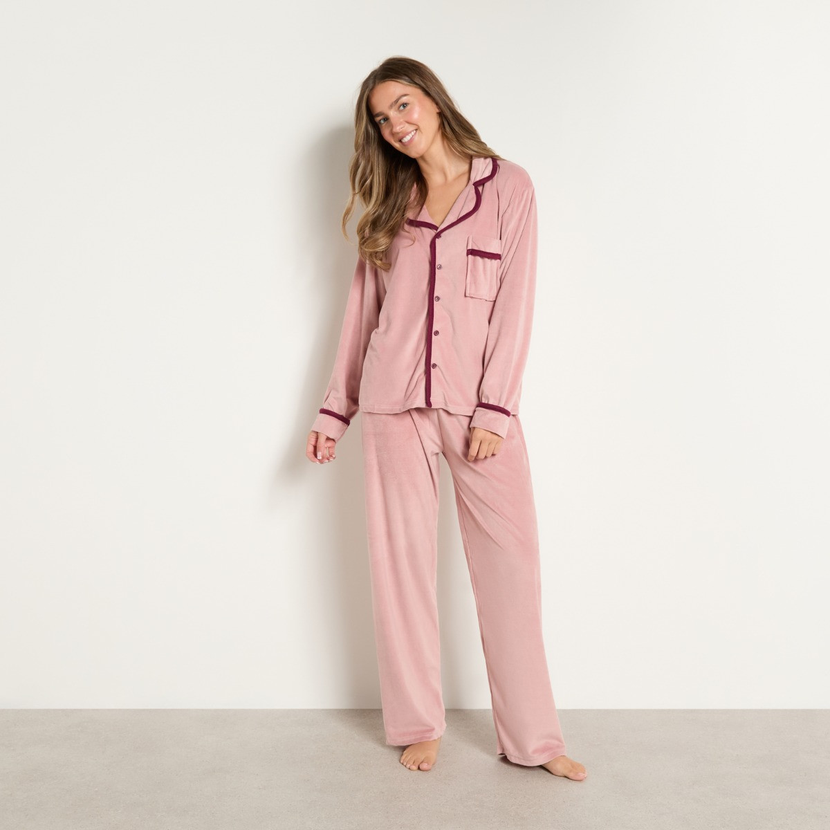 OHS Piped Edge Matte Velvet Button Through Pyjama Set, Pink - Large ...