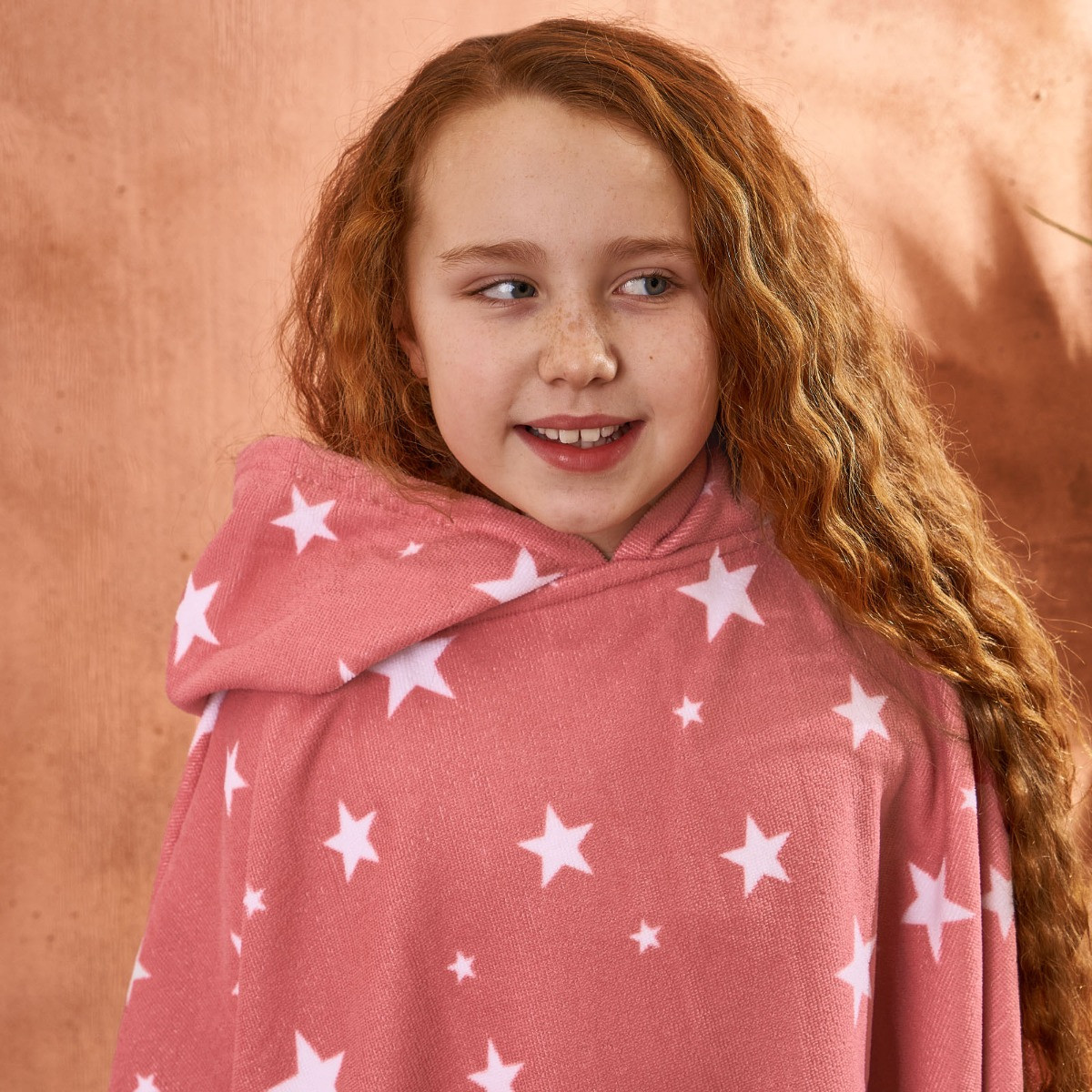 Dreamscene Star Print Hooded Towel Poncho, Blush Pink - One Size