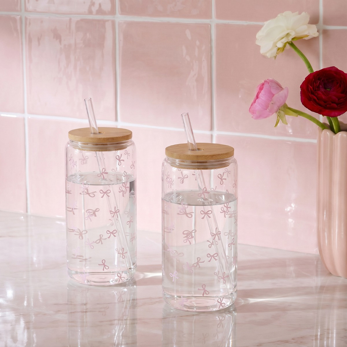 OHS Bow Print Plastic Drinking Jars, Clear - 2 Pack