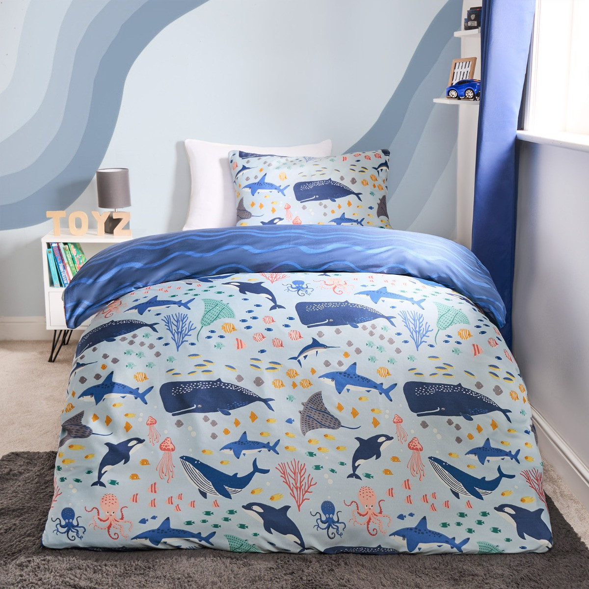 OHS Kids Under the Sea Print Reversible Duvet Cover Set - Blue/Navy