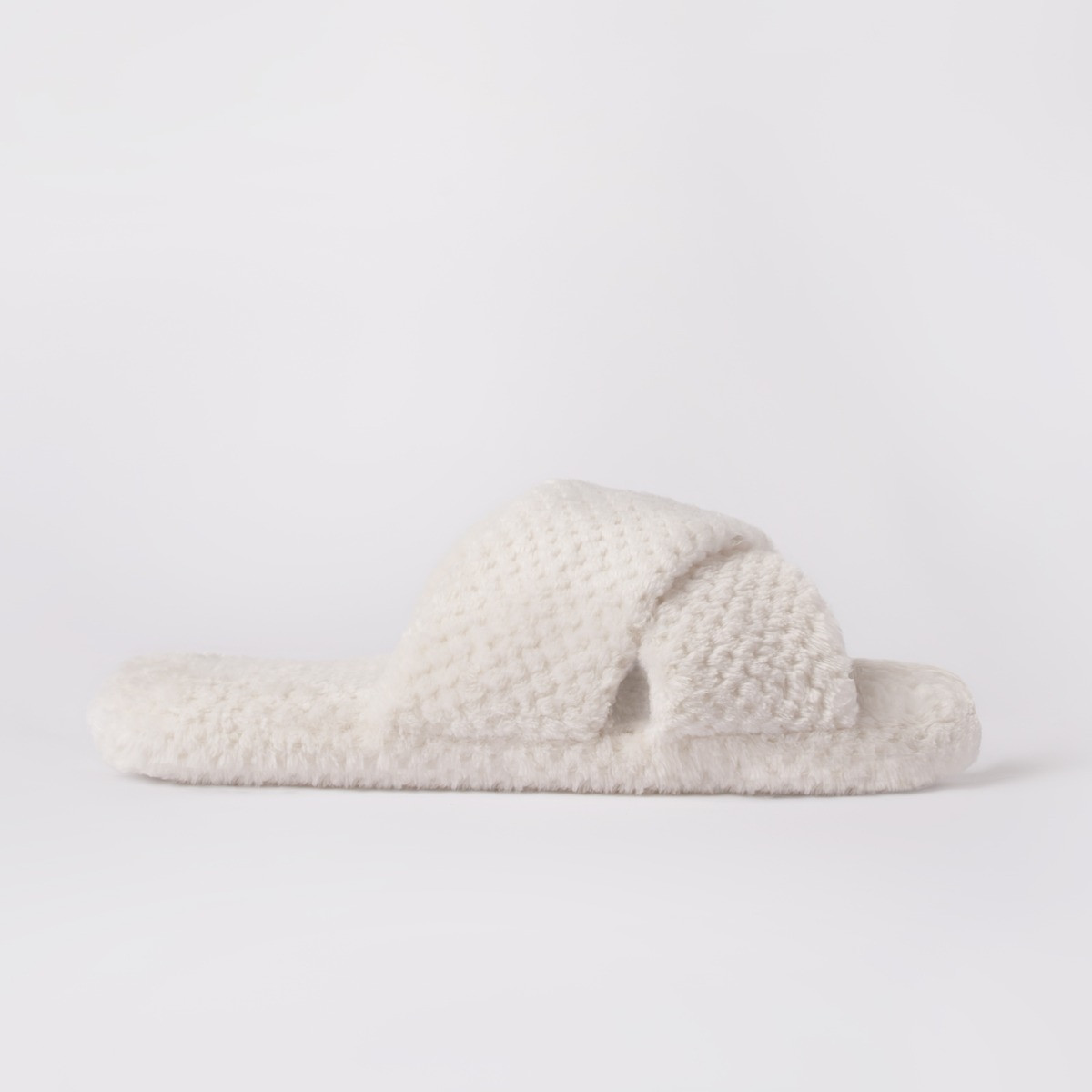 OHS Waffle Fleece Cross Strap Slippers, White - Small