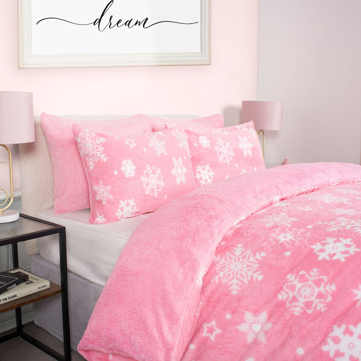 OHS Snowflake Teddy Duvet Set, Blush - Double