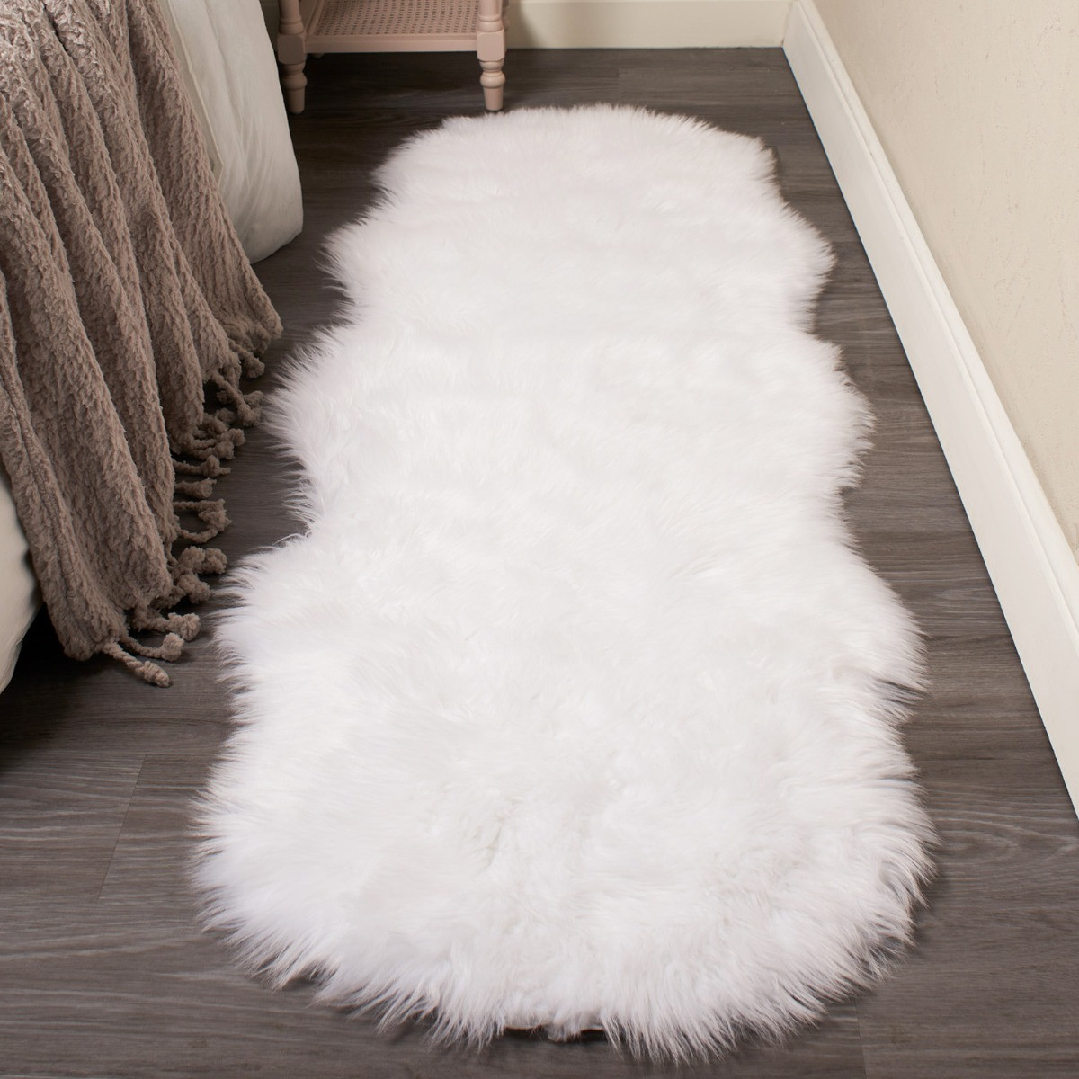 OHS Faux Fur Sheepskin Rug Runner, White - 60 x 180cm