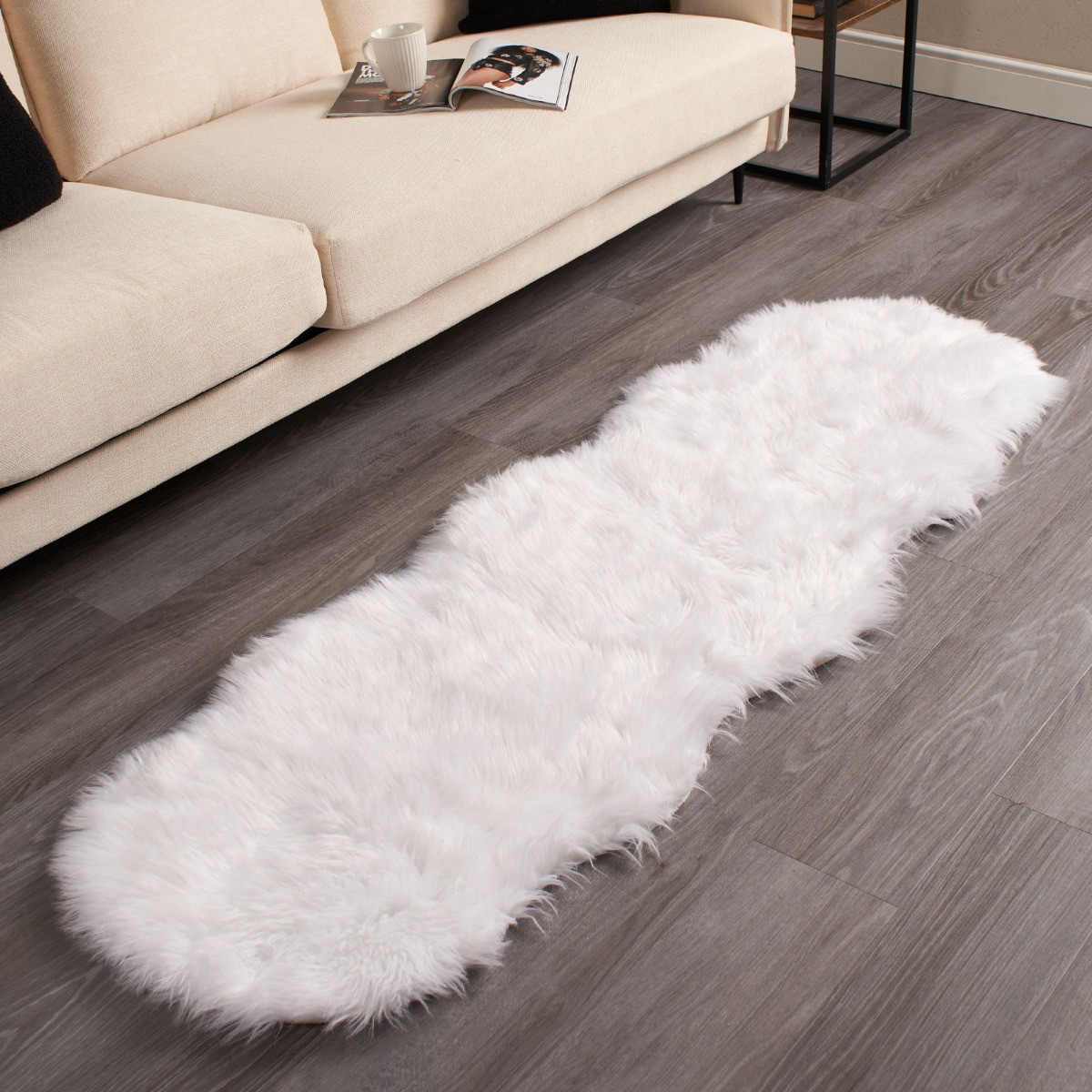 OHS Faux Fur Sheepskin Rug Runner, White - 60 x 180cm