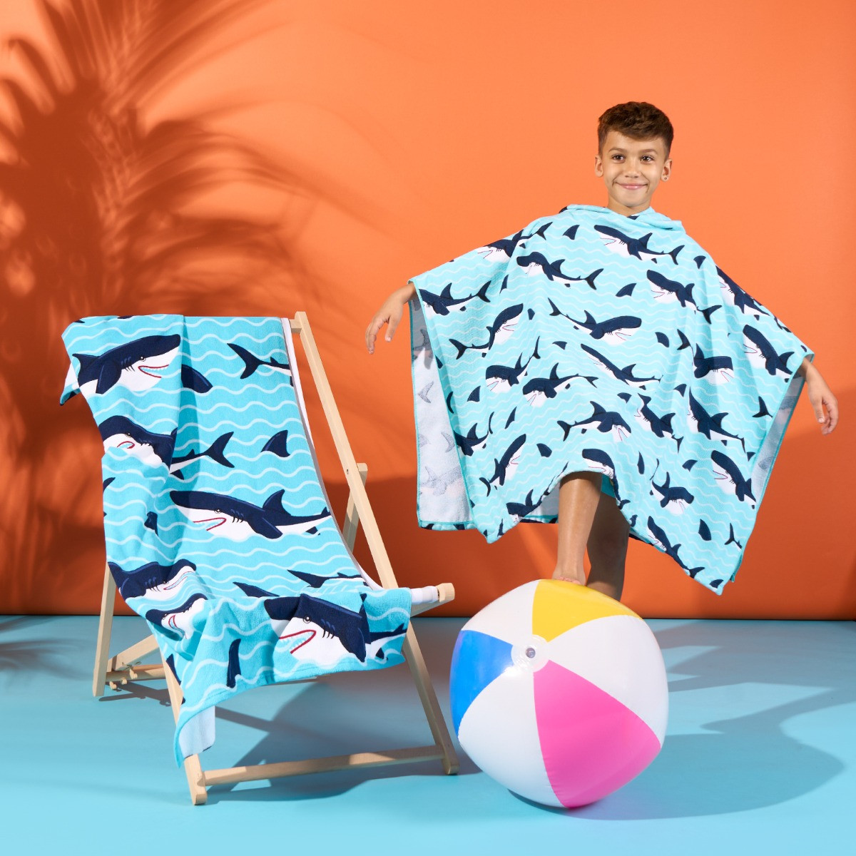 Dreamscene Kids Shark Print Beach Poncho Towel - Blue