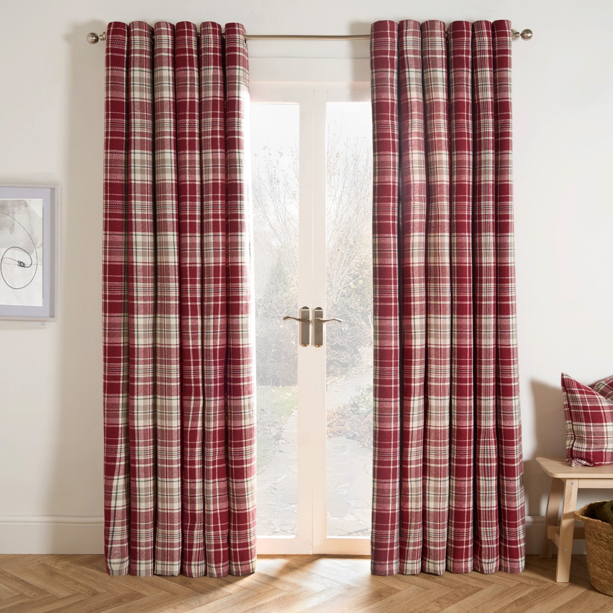 OHS Woven Check Eyelet Curtains, Dorset Red - 90 x 90"