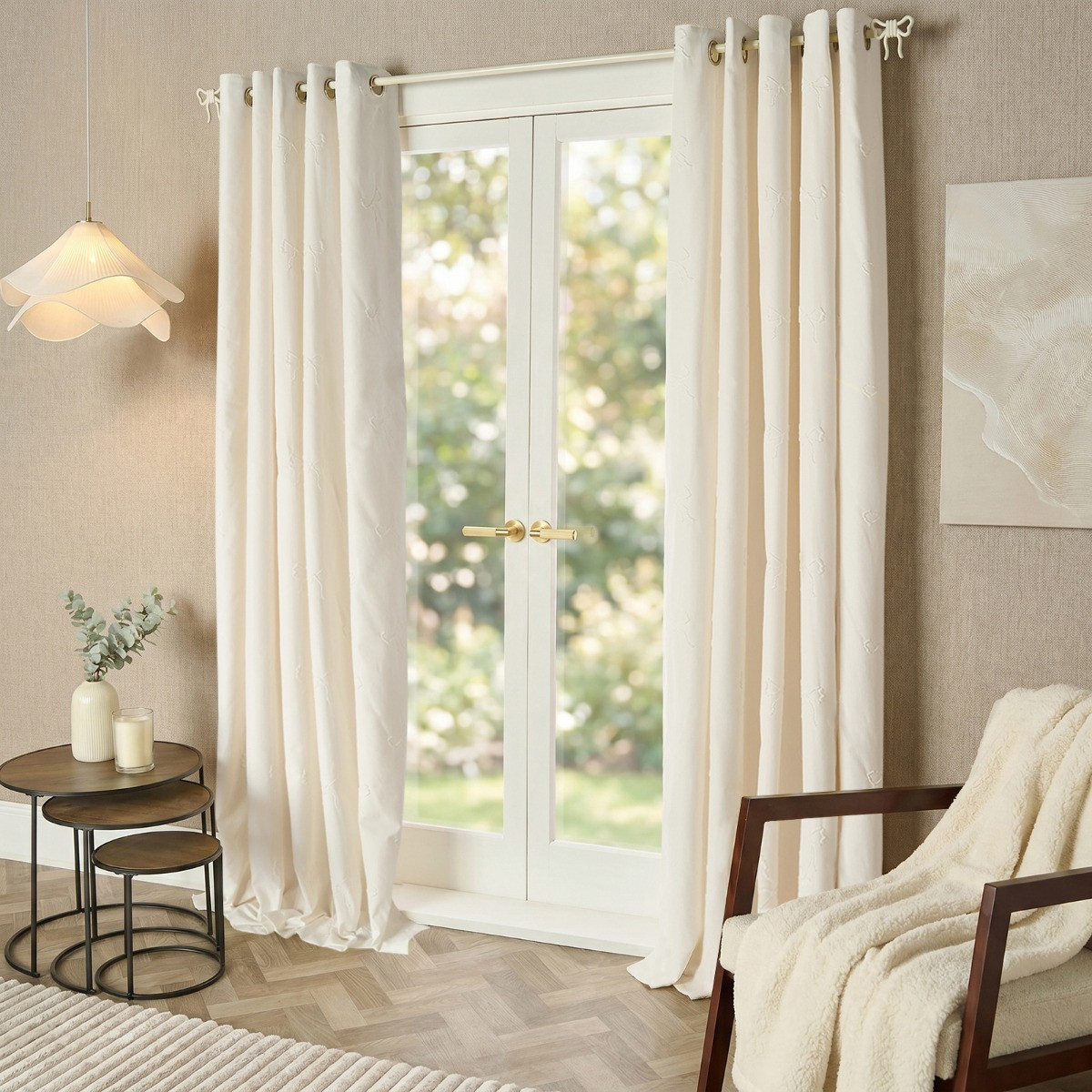 OHS Embossed Bow Curtains - Ivory