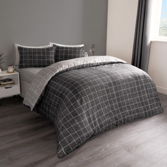 OHS Fine Line Check Duvet Cover Sets 2 Pack - Charcoal Black & Navy Grey