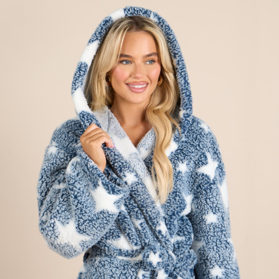 OHS Star Print Teddy Marl Dressing Gown, Adults - Navy