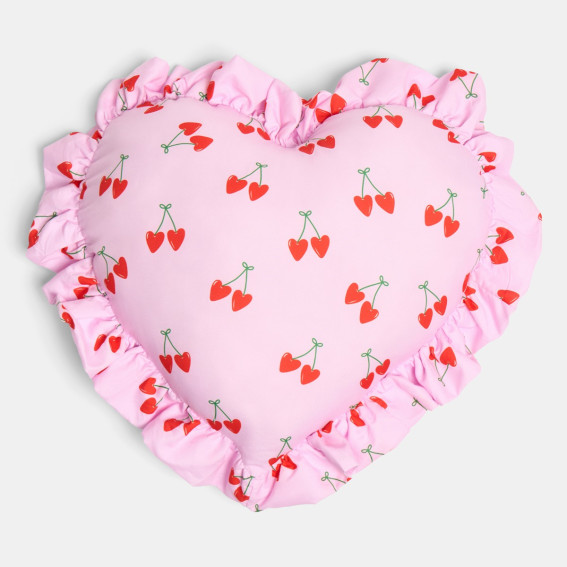 OHS Frill Heart Shaped Cherry Print Cushion - Pink/Green