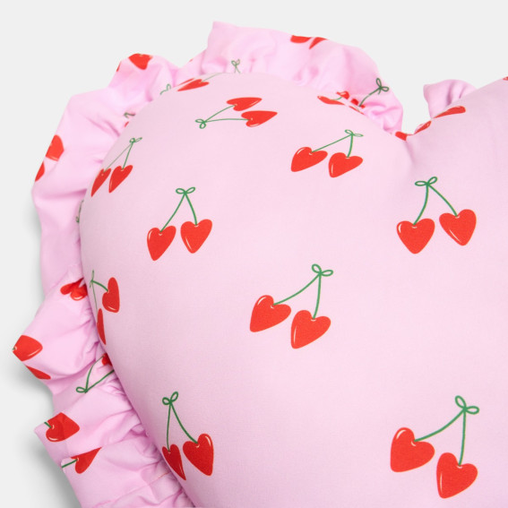 OHS Frill Heart Shaped Cherry Print Cushion - Pink/Green