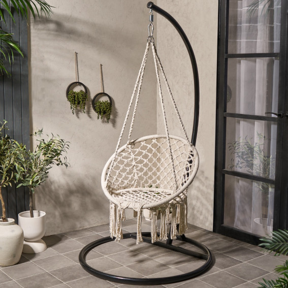 OHS Macrame Knotted Swing Chair - Cream