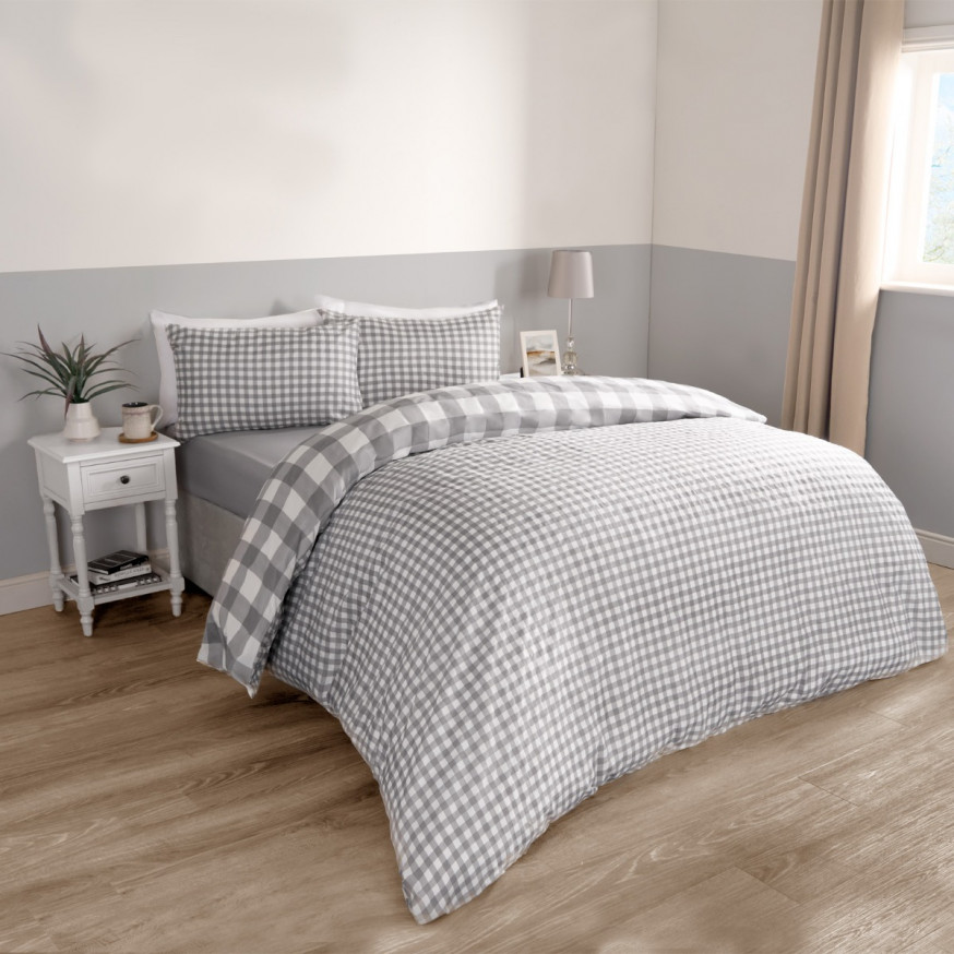 OHS Gingham Reversible Duvet Cover Set - Grey