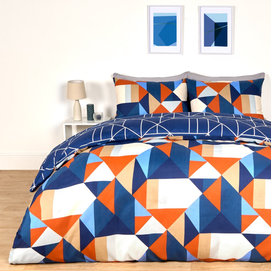 OHS Mason Retro Geometric Reversible Duvet Cover Set - Navy/Rust
