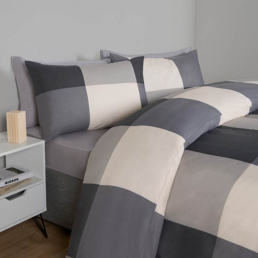 OHS Gingham Block Check Duvet Cover Set - Grey