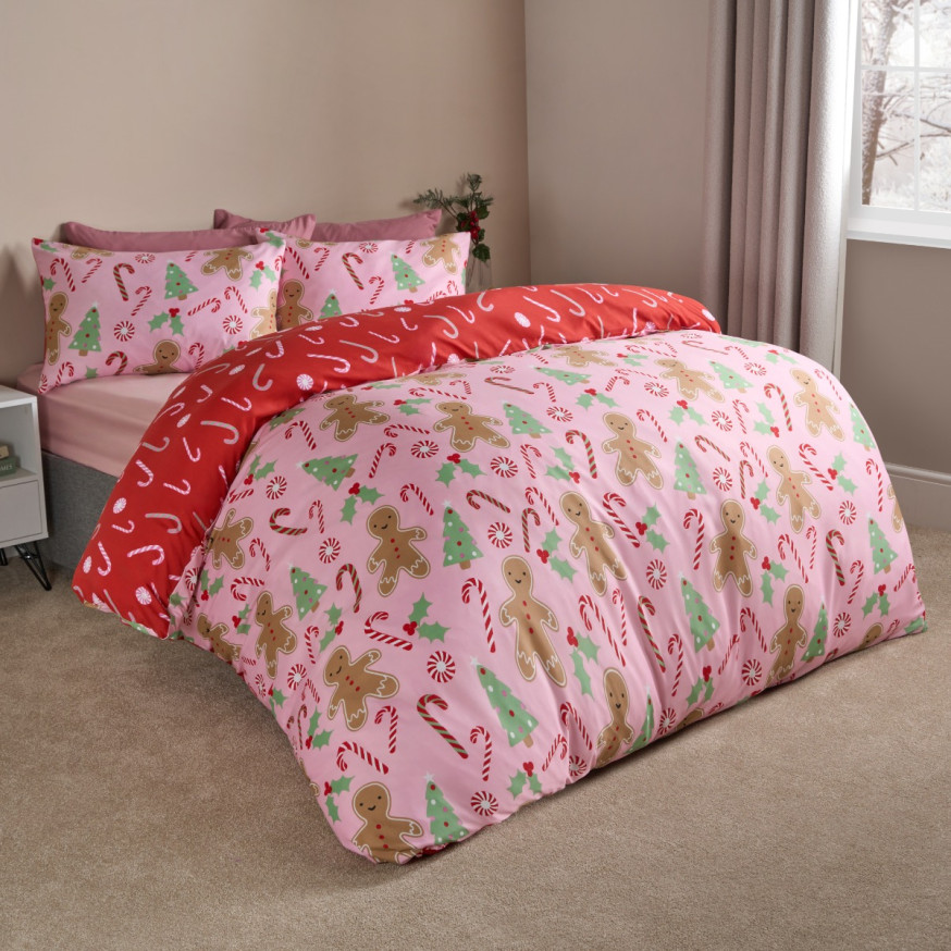 OHS Gingerbread Man Candy Cane Reversible Duvet Set, Pink - Single