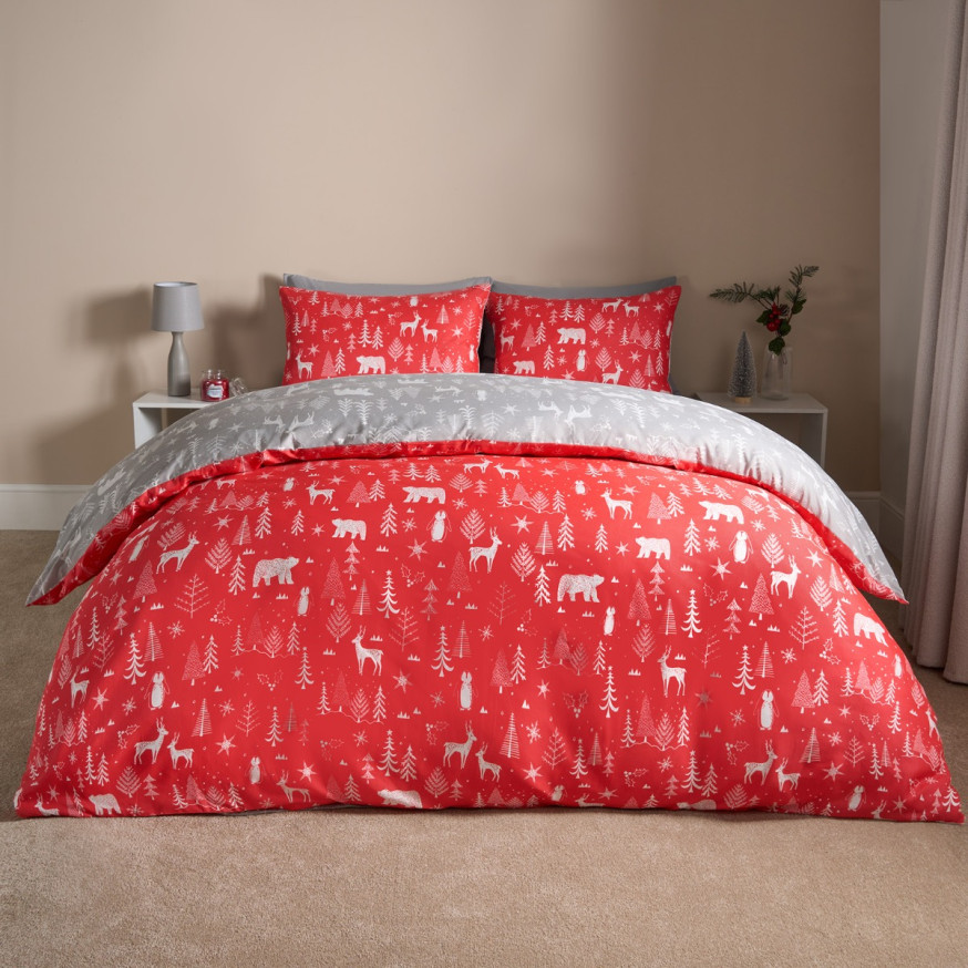 OHS Scandi Christmas Reversible Duvet Set - Red/Grey