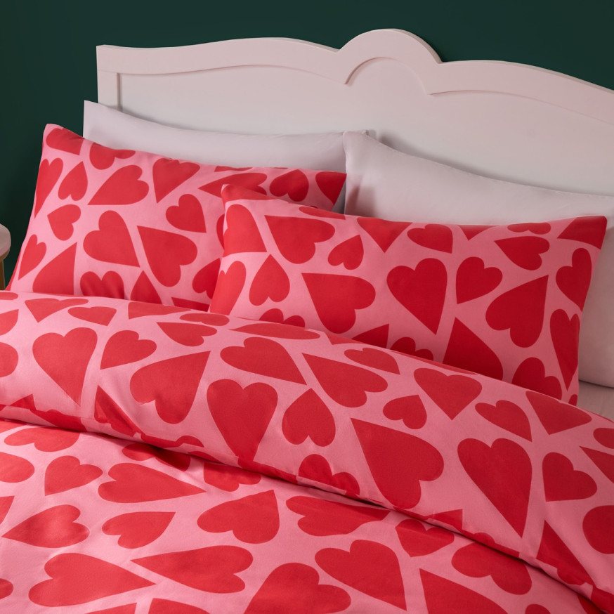 OHS Hearts Print Duvet Cover Set, Pink/Red - Double