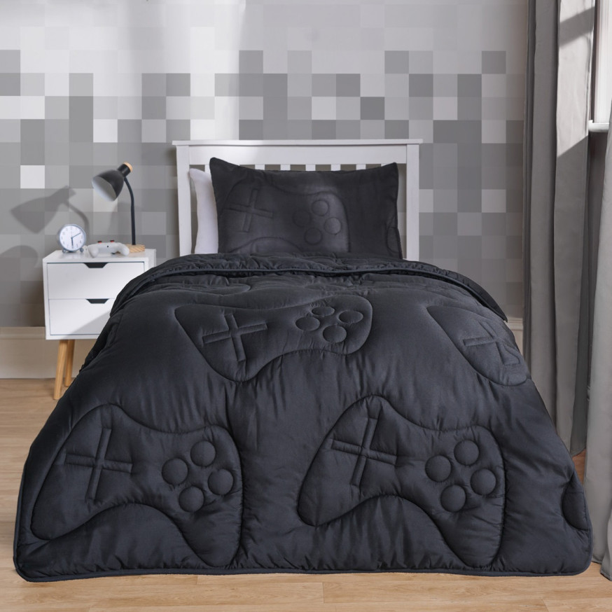 OHS Coverless Gaming Quilted 7.5 Tog Duvet Set, Black - Double