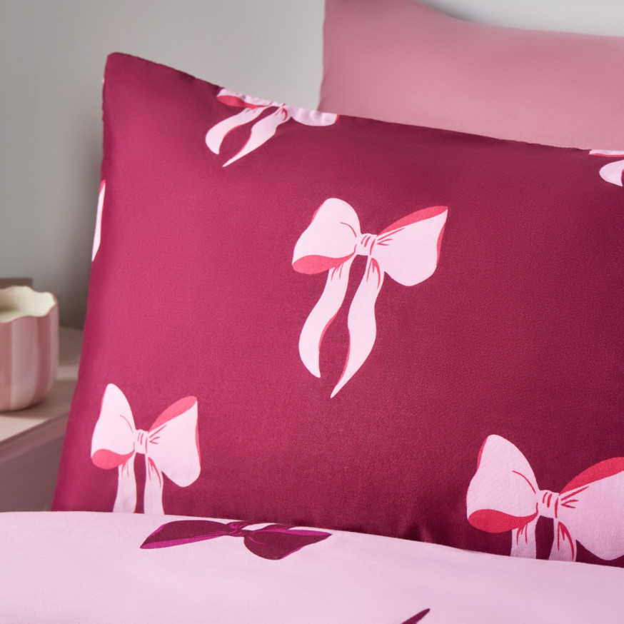 OHS Bow Print Reversible Duvet Cover Set - Burgundy/Pink
