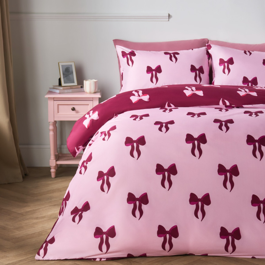 OHS Bow Print Reversible Duvet Cover Set - Burgundy/Pink