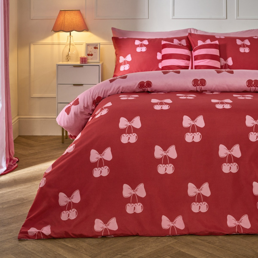 OHS Cherry Bow Print Reversible Duvet Cover Set, Pink/Red - Double