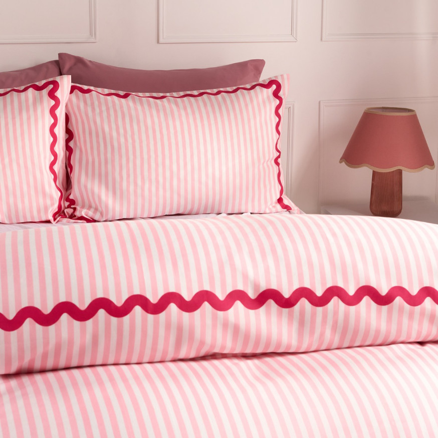 OHS Wave Border Stripe Print Duvet Set, Pink - Double
