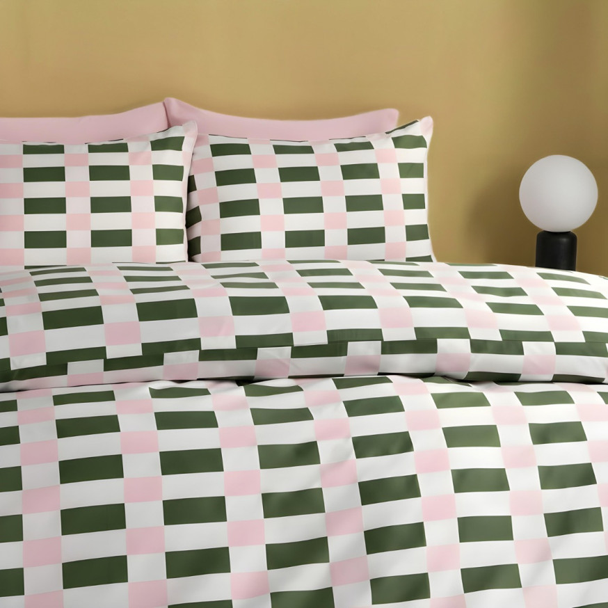 OHS Geometric Print Piped Edge Duvet Cover Set, Green/Pink - Double