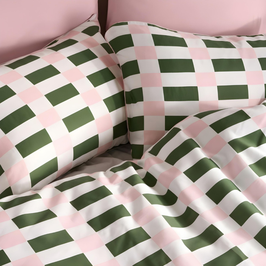 OHS Geometric Print Piped Edge Duvet Cover Set - Green/Pink