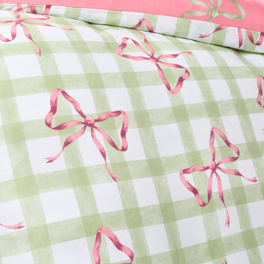 OHS Bow Print Gingham Check Duvet Cover Set, Green/White - Double