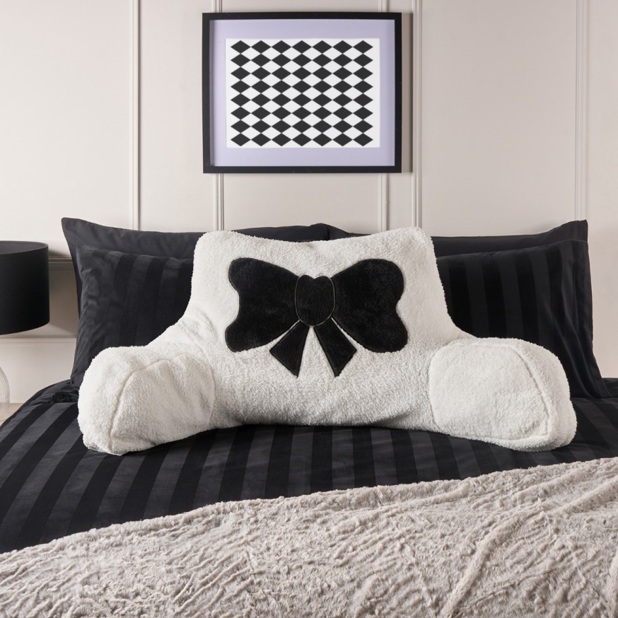 OHS Bow Embroidered Teddy Cuddle Cushion - Monochrome