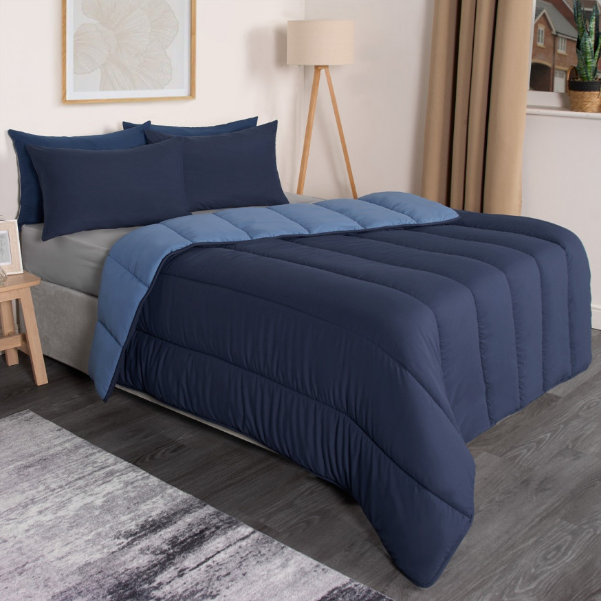 OHS Coverless 10.5 Tog Reversible Duvet & Pillowcase, Navy/Blue - Single
