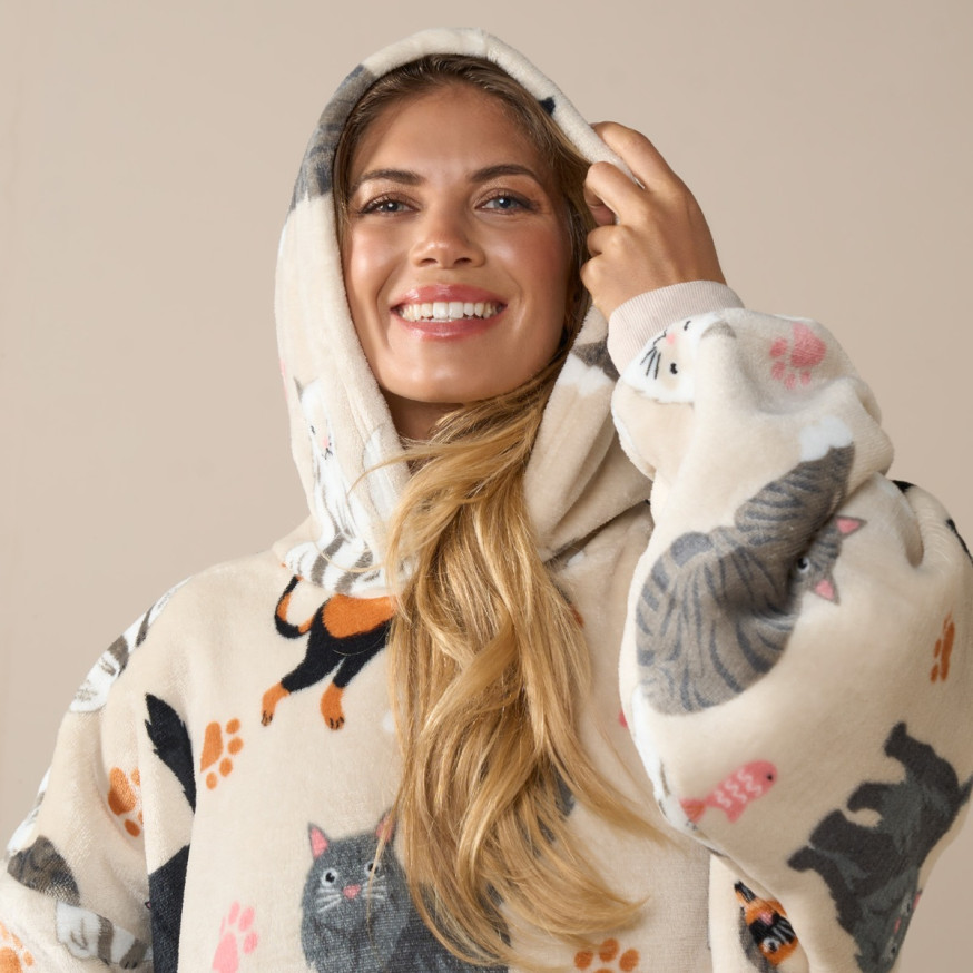 OHS Adults Cat Print Hoodie Blanket - Beige