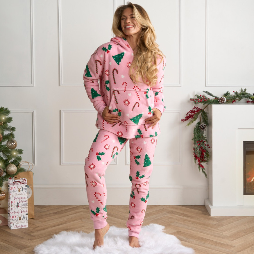 OHS Adults Christmas Candy Cane Fleece Hoodie Pyjama Set - Pink