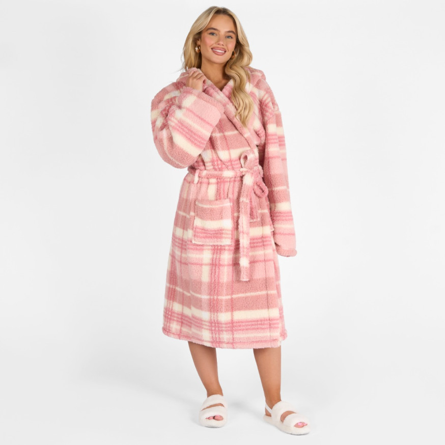 OHS Tartan Check Print Teddy Dressing Gown, Adults - Blush