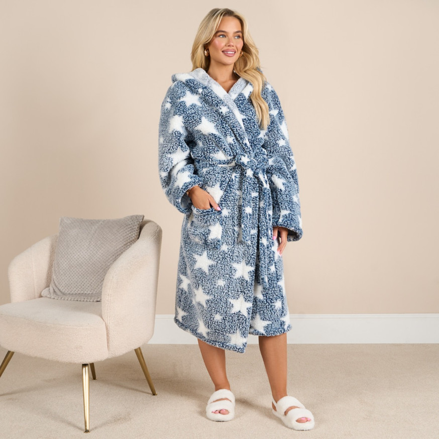 OHS Star Print Teddy Marl Dressing Gown, Adults - Navy