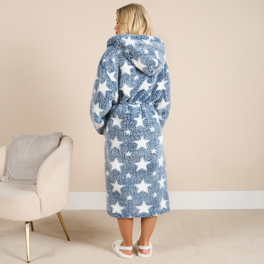 OHS Star Print Teddy Marl Dressing Gown, Adults - Navy